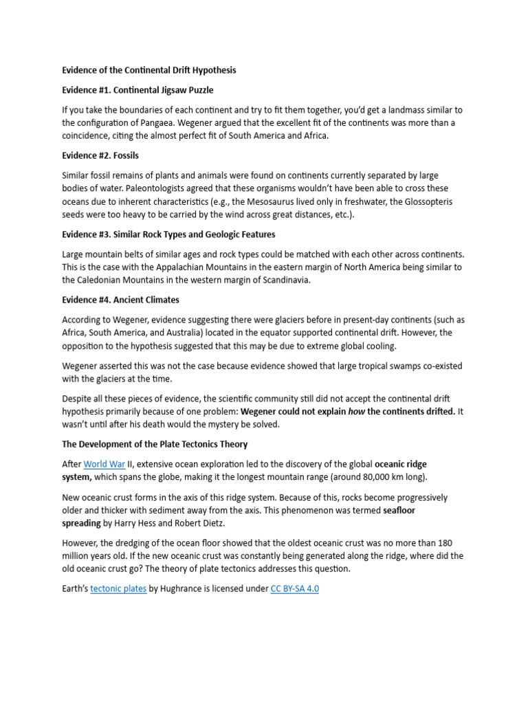 Evidence of The Continental Drift Hypothesis | PDF | Plate Tectonics | Rift