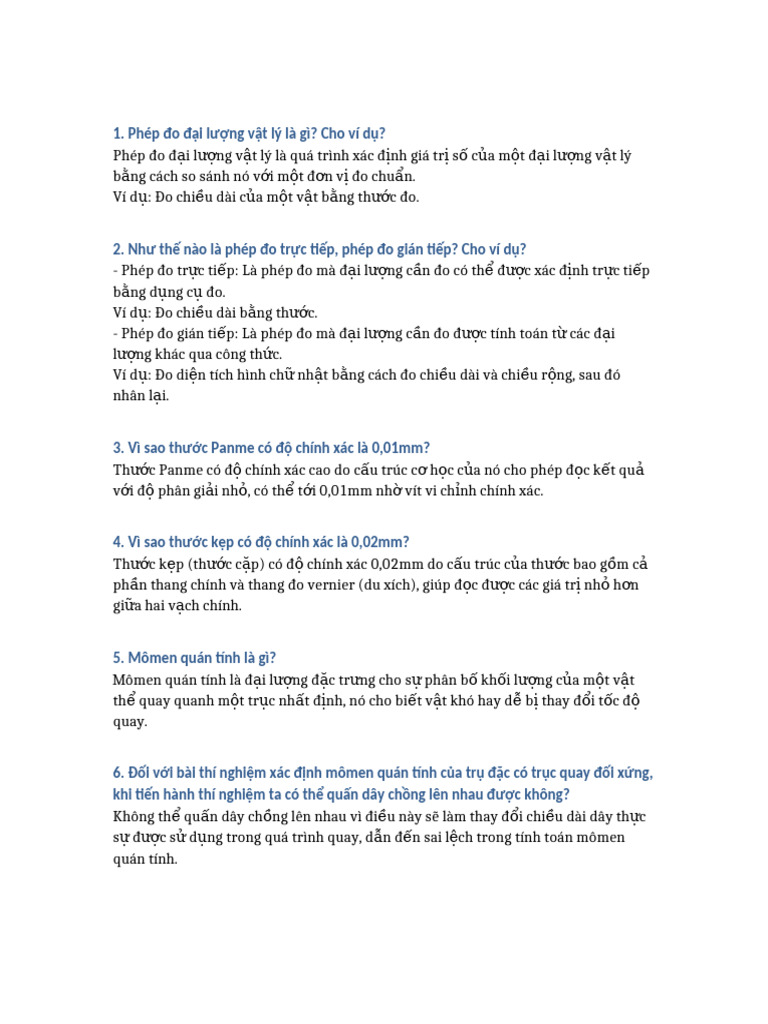 Cau Hoi On Tap Ly Thuyet Thi Nghiem Vat Ly Dai Cuong 1 | PDF