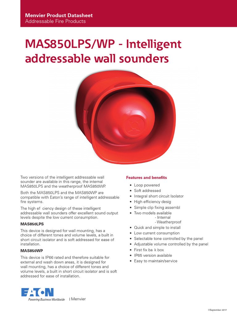 menvier-fire-addressable-wall-sounder-mas850lps-wp-datasheet-0917 | PDF ...