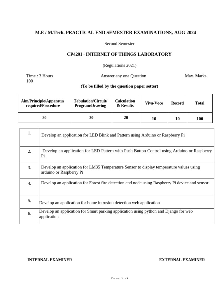 CP4291 Internet of Things Lab Exam Guide | PDF