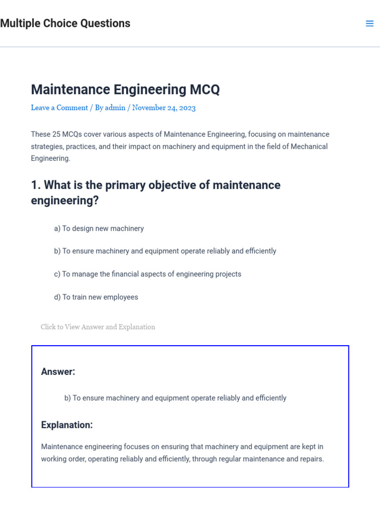 Maintenance Engineering MCQ - Multiple Choice Questions | PDF | Reliability Engineering ...