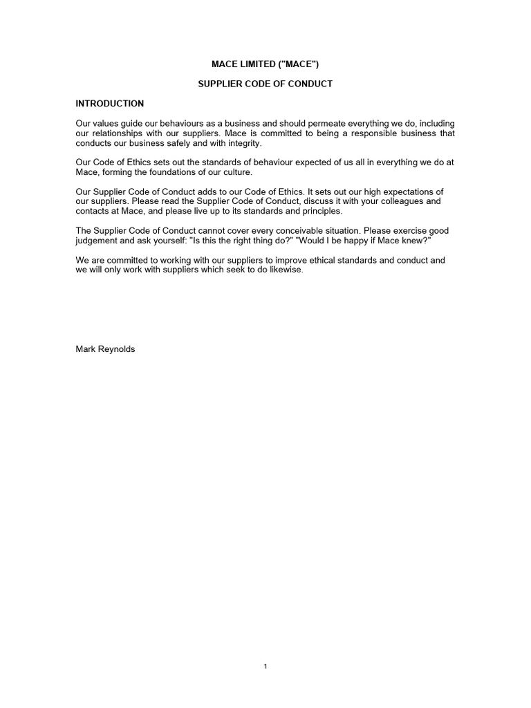 Mace Supplier Code of Conduct Guide | PDF | Bribery | Conflict Of Interest