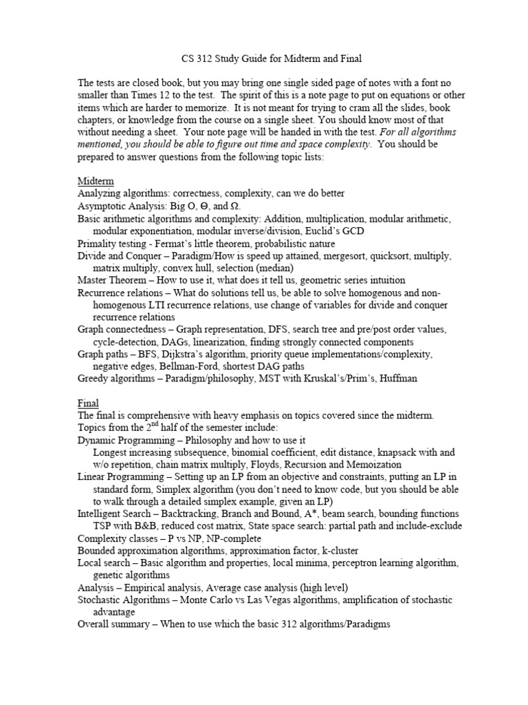 Study Guide 312 | PDF | Recurrence Relation | Dynamic Programming