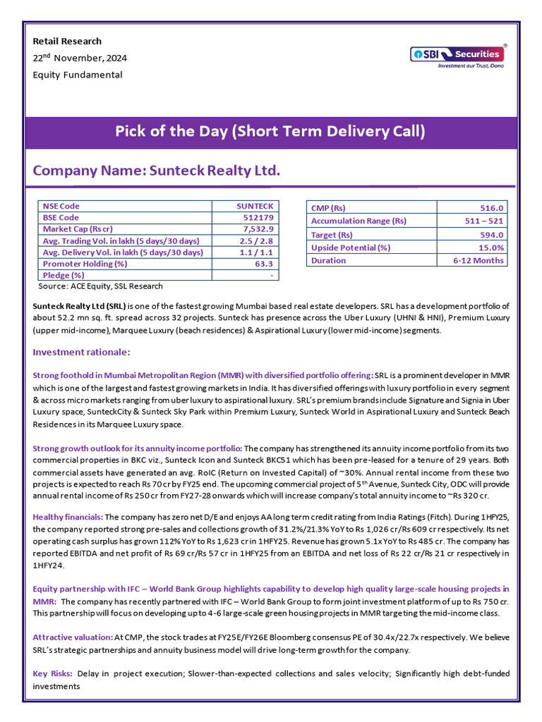 Pick of the Day (Short Term Delivery Call)_Sunteck Realty Ltd._22!11 ...