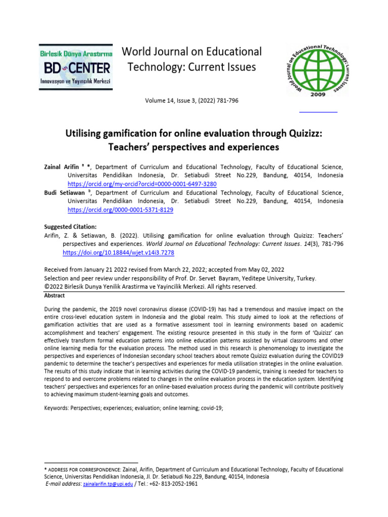 Utilising Gamification For Online Evaluation Through Quizizz, Teachers' Perspectives and ...