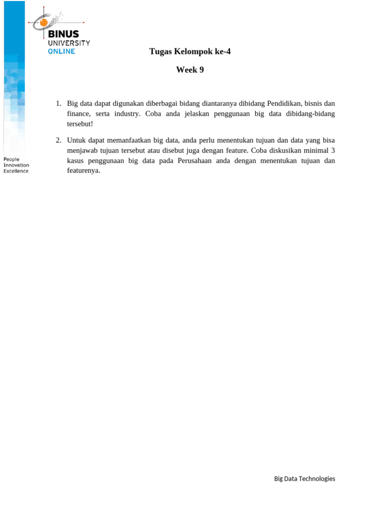 Tugas Kelompok Ke-4 Week 9: Big Data Technologies | PDF