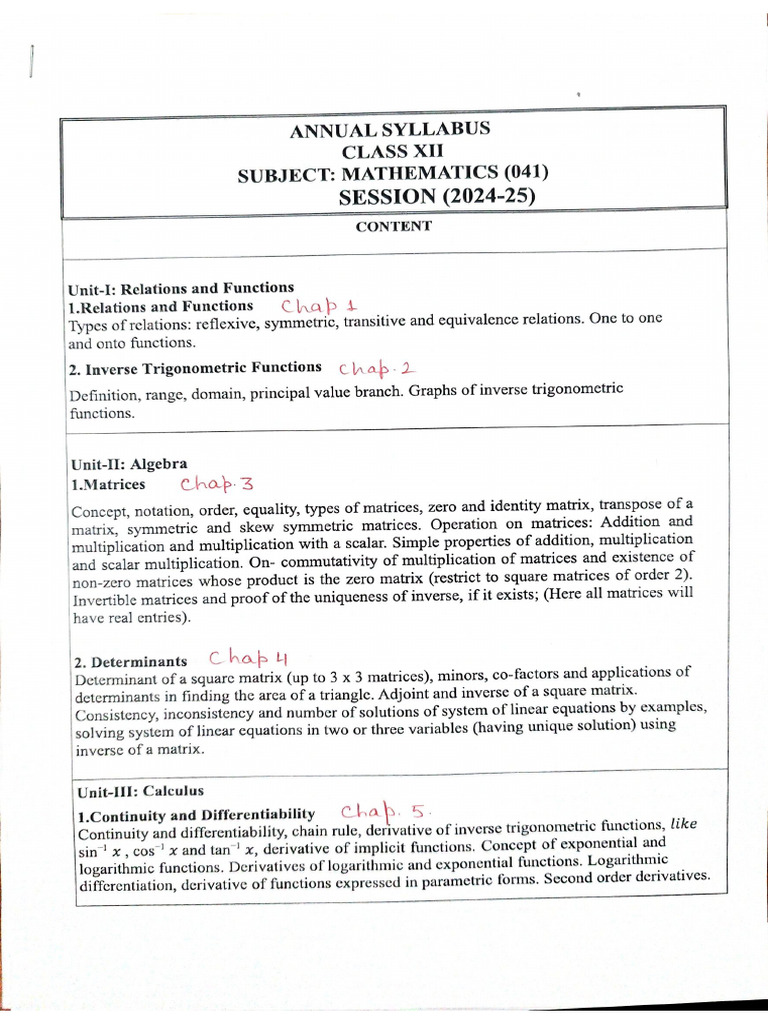 Annual Syllabus Maths 12 Class | PDF
