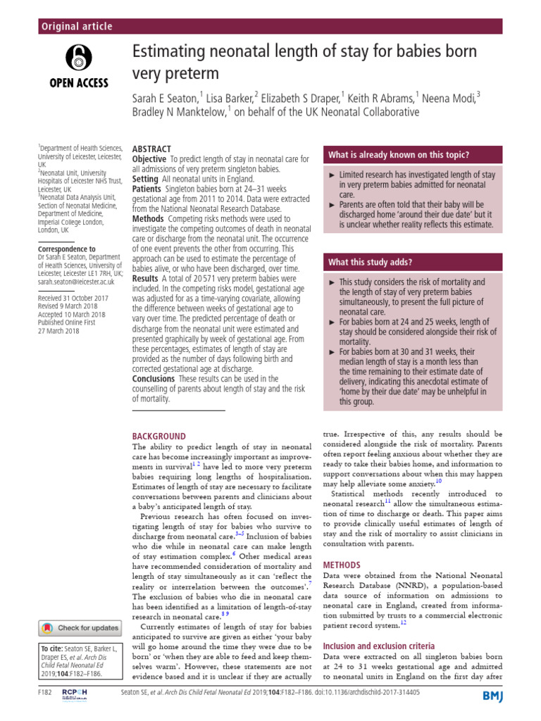 Estimating Neonatal Length of Stay For Babies Born Very Preterm | PDF ...