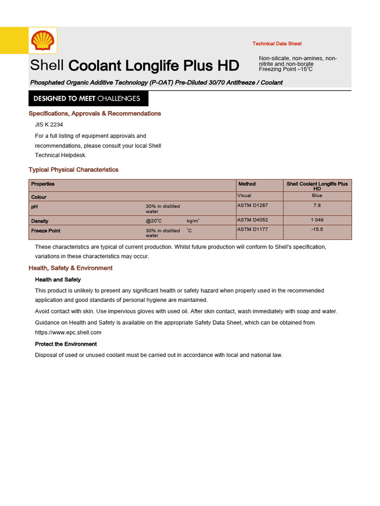 TDS Shell Coolant Longlife Plus HD Ready to Use 30 70 -1 | PDF | Materials