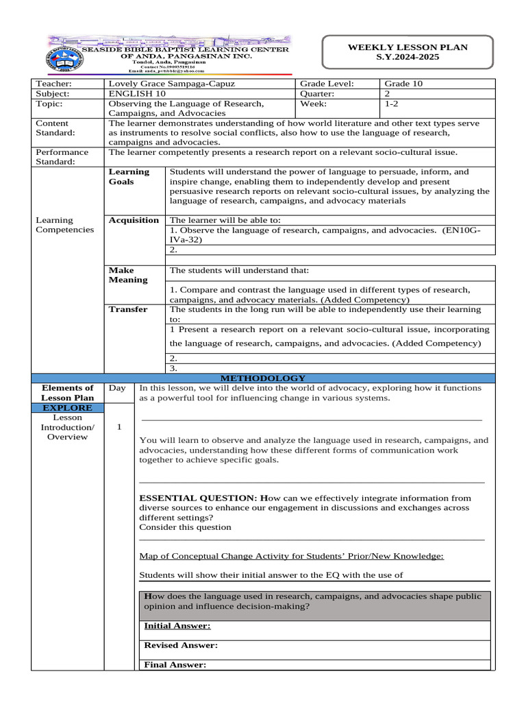 LP Q2 W1 and W2 ENGLISH | PDF | Learning | Lesson Plan