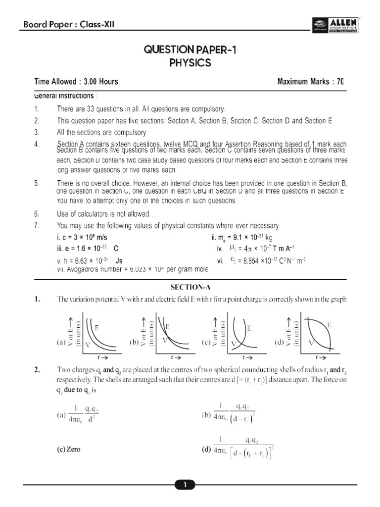 Class12 Physics Paper 1 | PDF