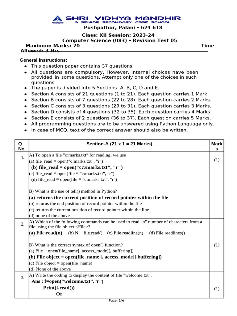 REV 5 - Q WITH ANS - Text, CSV and Binary Files 13.09.24 | PDF | Computer File | Text File