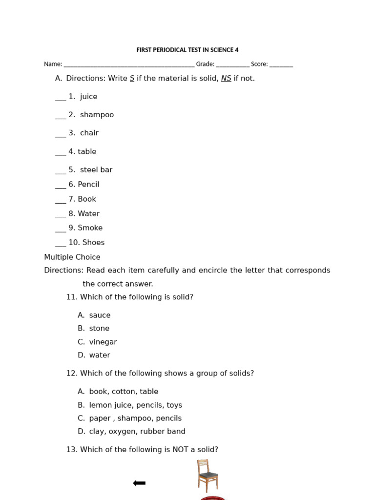 First Periodical Test in Science 4 | PDF | Water | Solid