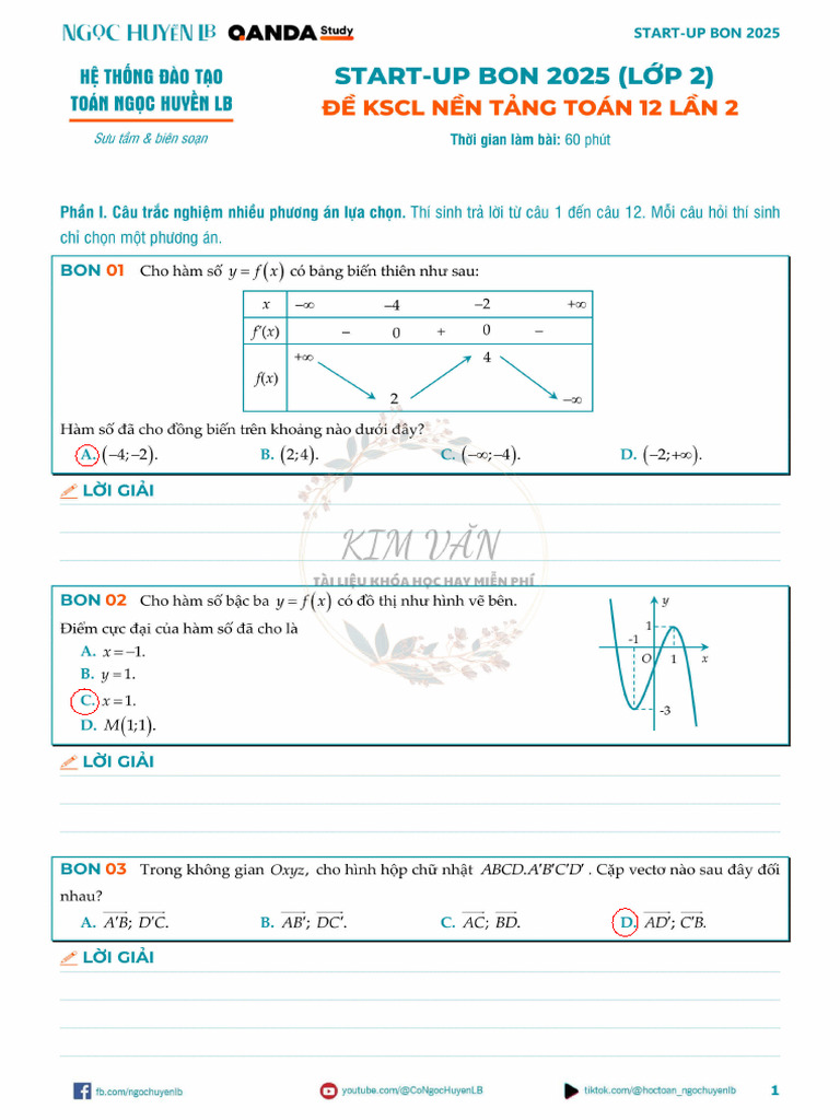 (Ngoc Huyen LB) de KSCL Kien Thuc Nen Tang Toan 12 BON 2025 Lop 2 - Lan 2 (Handout) | PDF