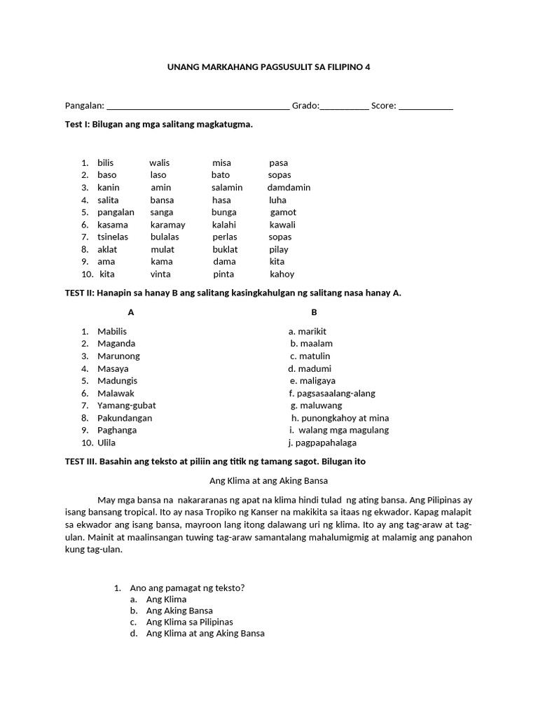 Unang Markahang Pagsusulit Sa Filipino 4 | PDF