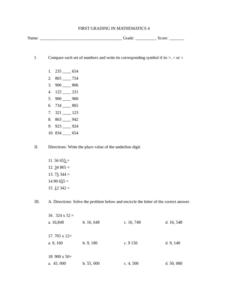 First Grading In Mathematics 4 Pdf Numbers Arithmetic