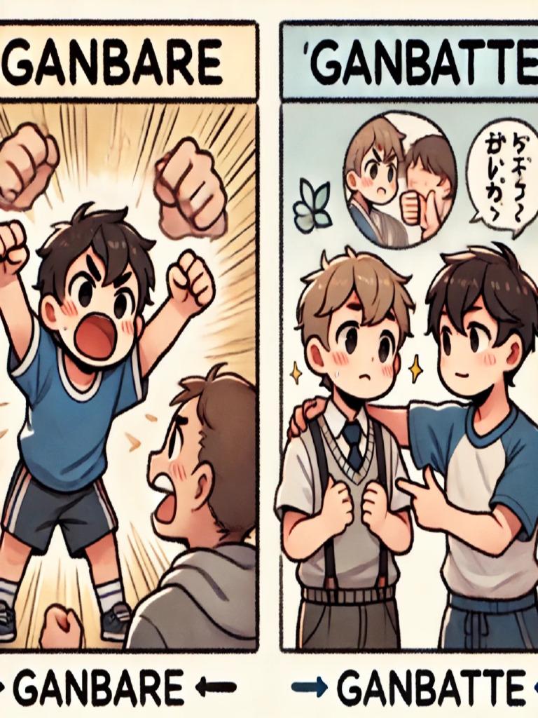 DALL·E 2024-11-14 00.53.48 - A friendly illustration comparing 'Ganbare ...