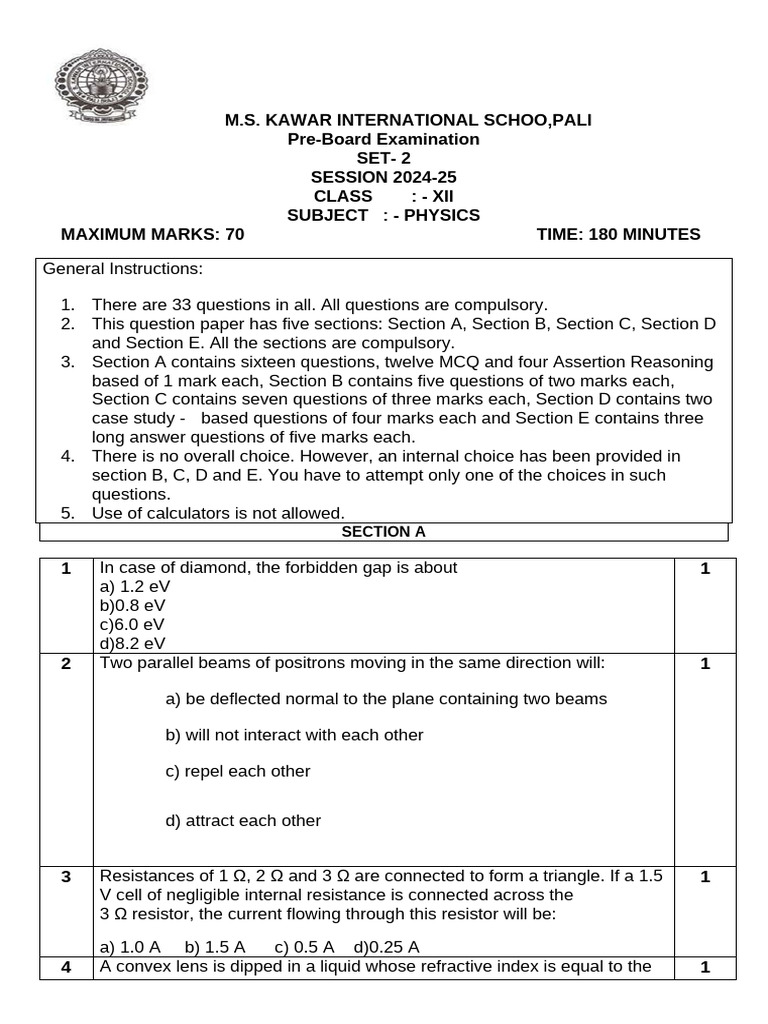 CLASS 12 PHYSICS pre board paper | PDF | Electromagnetic Radiation | Electromagnetic Spectrum