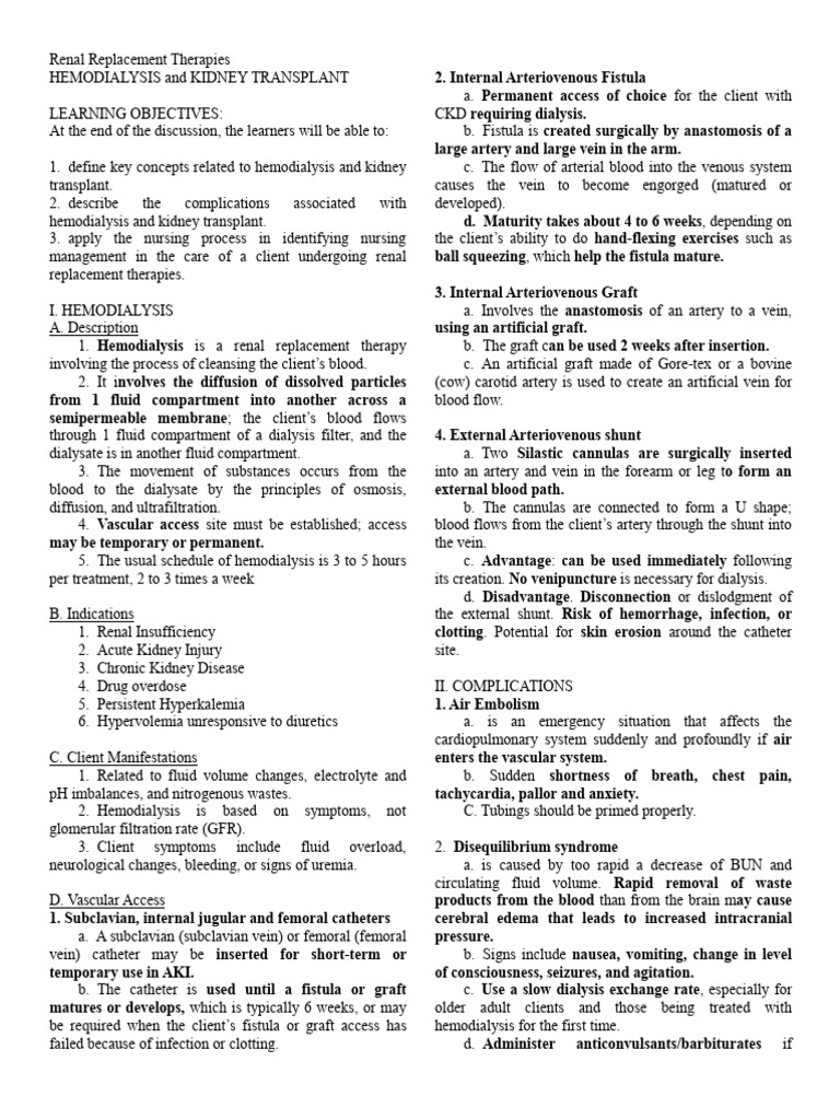 Hemodialysis and Kidney Transplant Overview | PDF | Hemodialysis ...