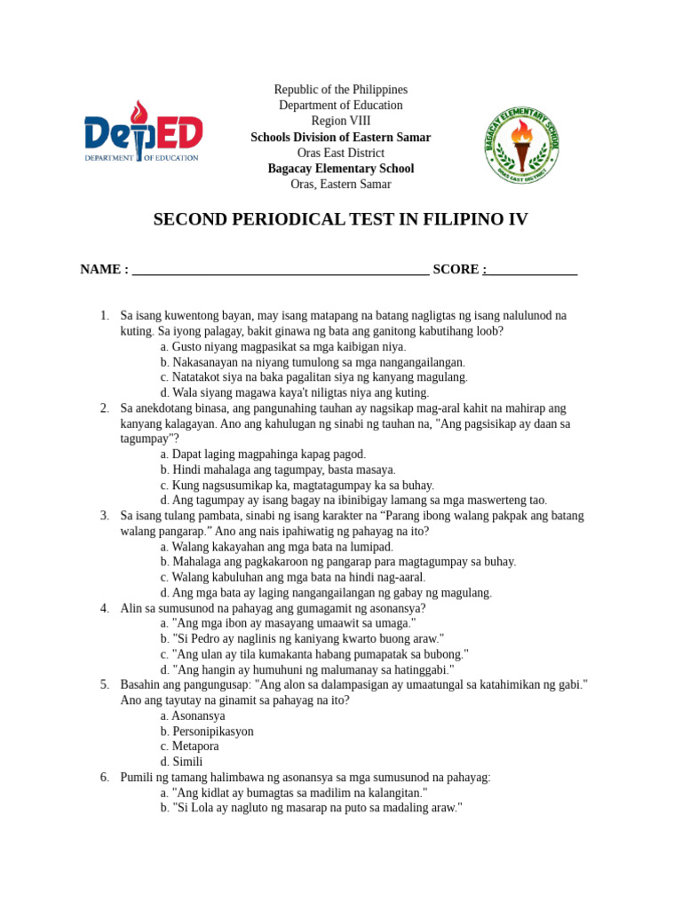 Second Periodical Test in Filipino 4 | PDF