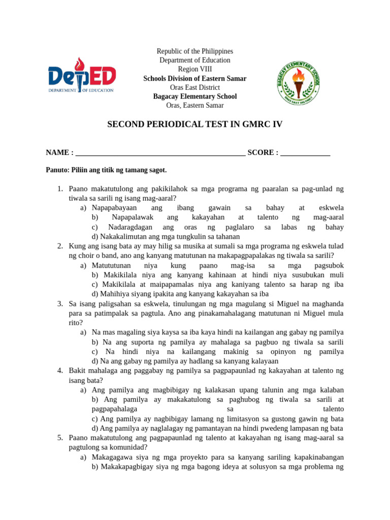Second Periodical Test in GMRC 4 | PDF