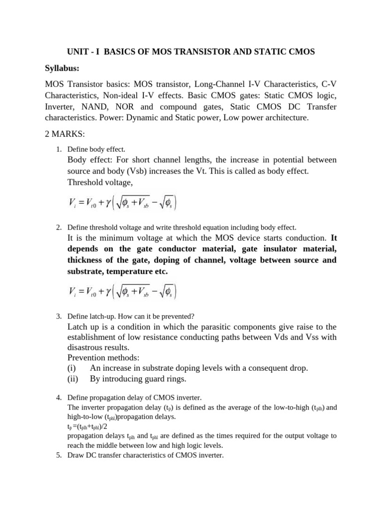 Unit 1 Basics of Mos Transistor and Static Cmos | PDF | Mosfet | Cmos