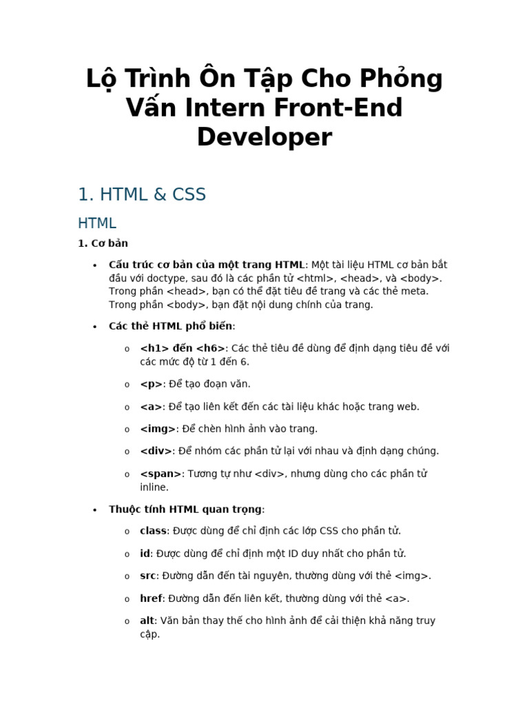 Lộ Trình Ôn Tập Cho Phỏng Vấn Intern Front | PDF