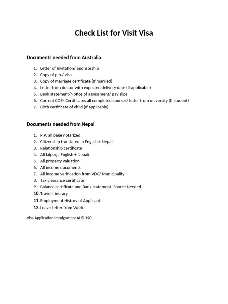Visit Visa Document Checklist Pdf