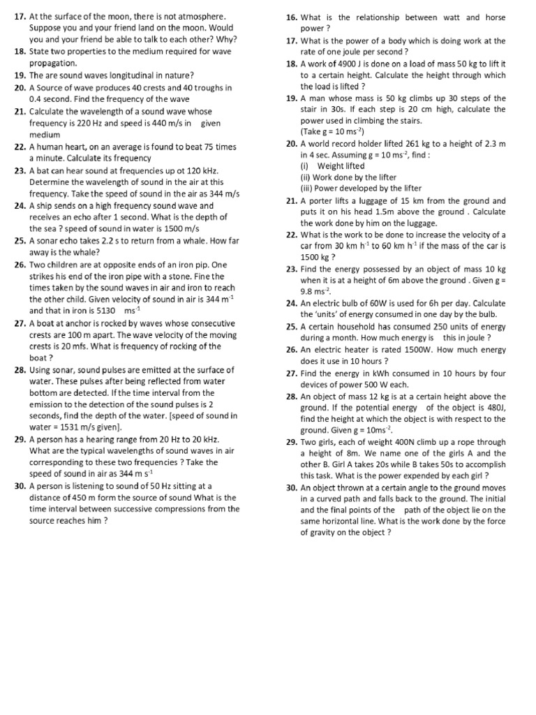 Class 9 Sound and Work Energy Power Test 2 | PDF