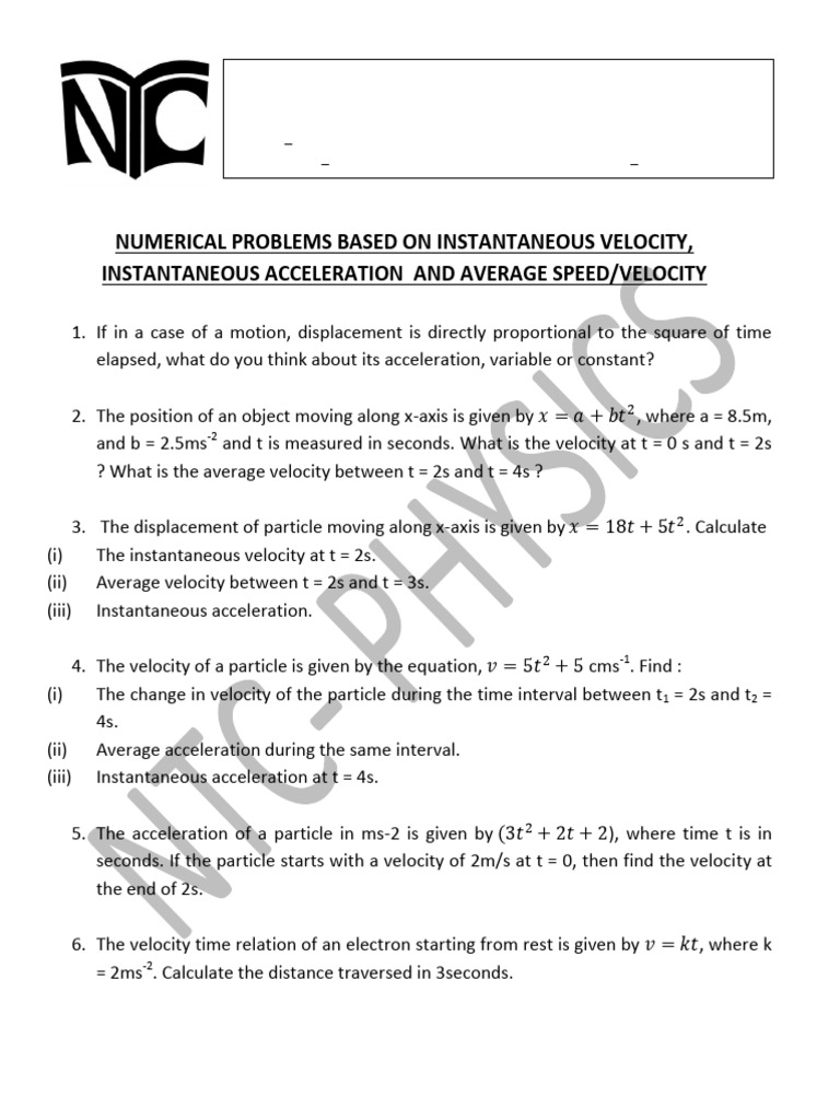 Motion in Straight Line - Numerical Sheet - 1 | PDF | Velocity ...