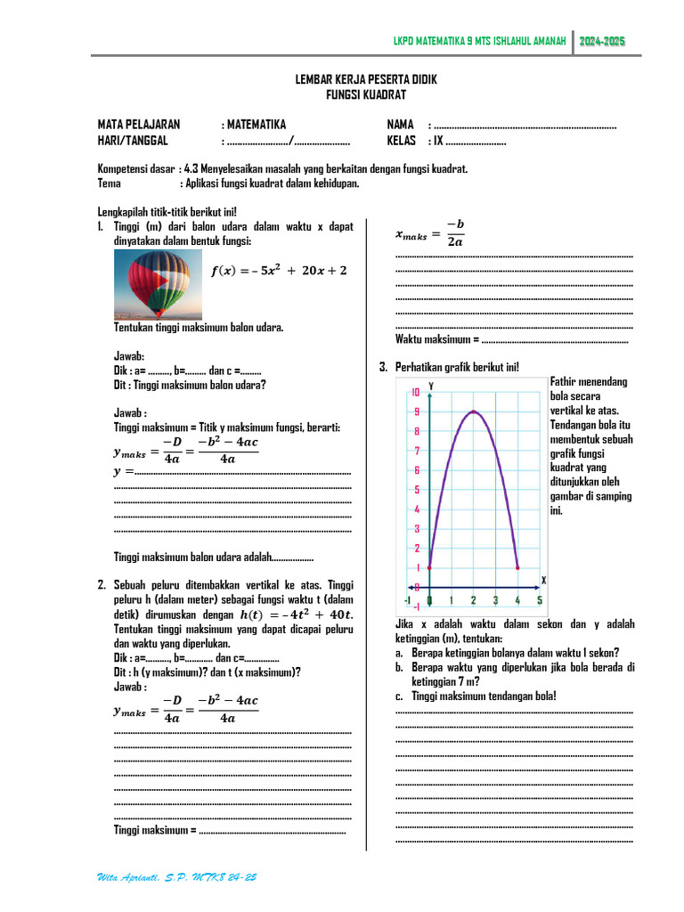 LKPD Fungsi Kuadrat 6 | PDF