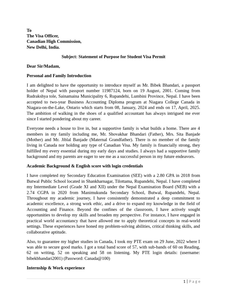 Bibek Bhandari ( SOP ) | PDF | Cost Of Living | Entrepreneurship