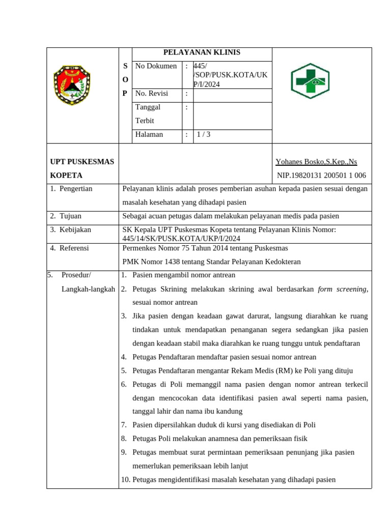 SOP Pelayanan Klinis | PDF