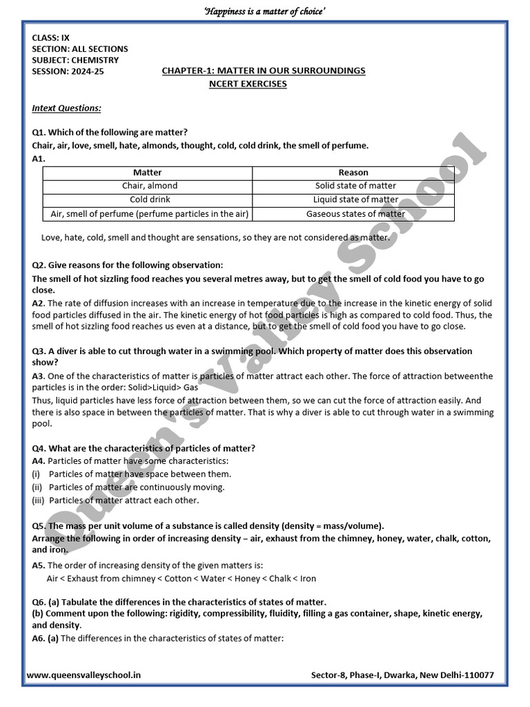 Class9 - Science - CH-1 - Matter in Our Surroundings - Ncert Exercises | PDF | Matter | Gases
