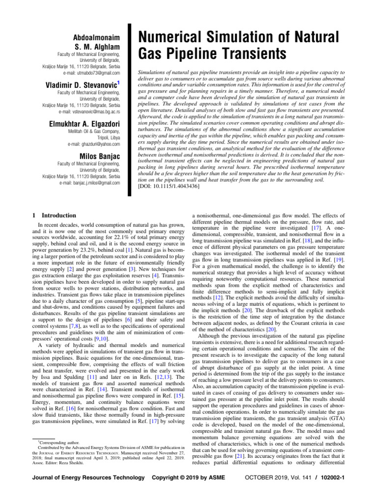 Numerical Simulation of Natural Pipelines Transient | PDF | Gases | Flow Measurement