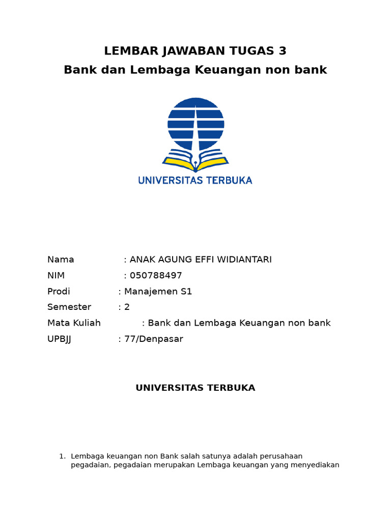 TUGAS 3 Bank & Lembaga Keuangan Non Bank - Anak Agung Effi Widiantari - 050788497 | PDF