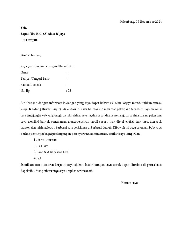 Surat LAMARAN Driver | PDF