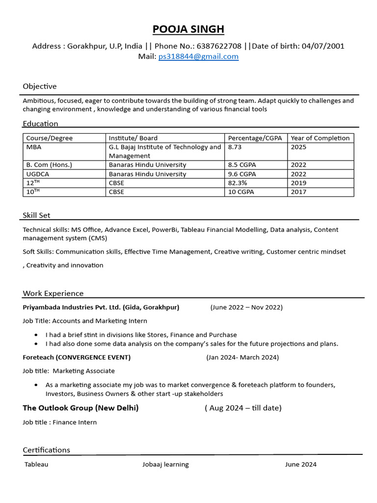 Pooja Finance Resume POOJA SINGH - POOJA SINGH | PDF