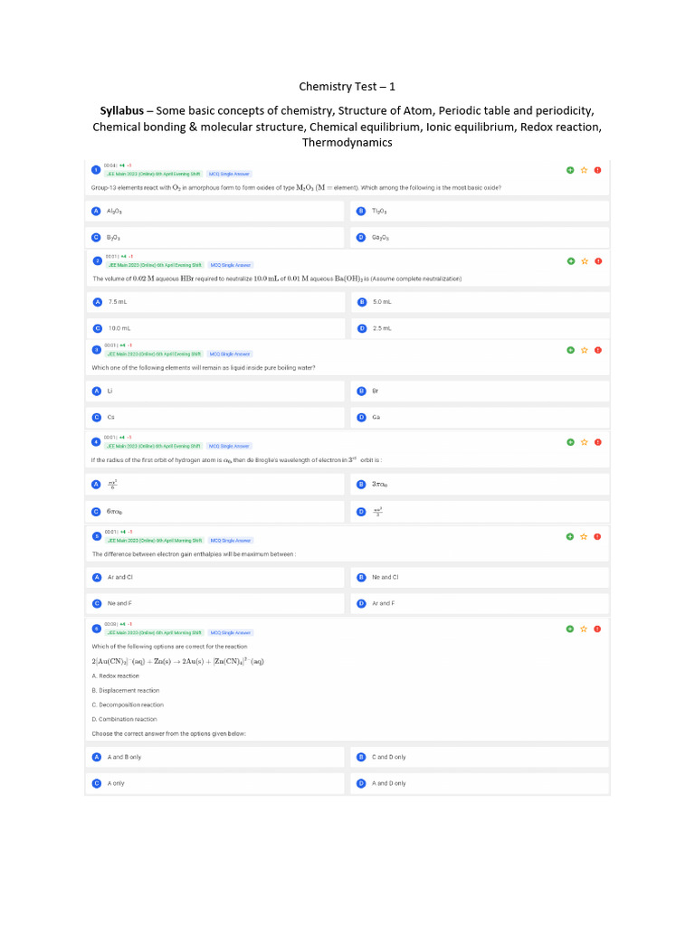Chemistry Test: Key Concepts Overview | PDF