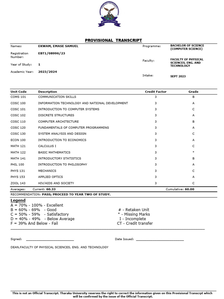 Provisional Transcript-Ebt10899623 | PDF | Mathematics | Science