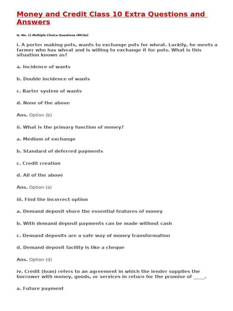 Money and Credit Class 10 Extra Questions and Answers | PDF | Loans | Banks