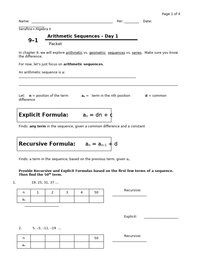 Arithmetic Sequences Packet | PDF | Mathematics | Mathematical Analysis
