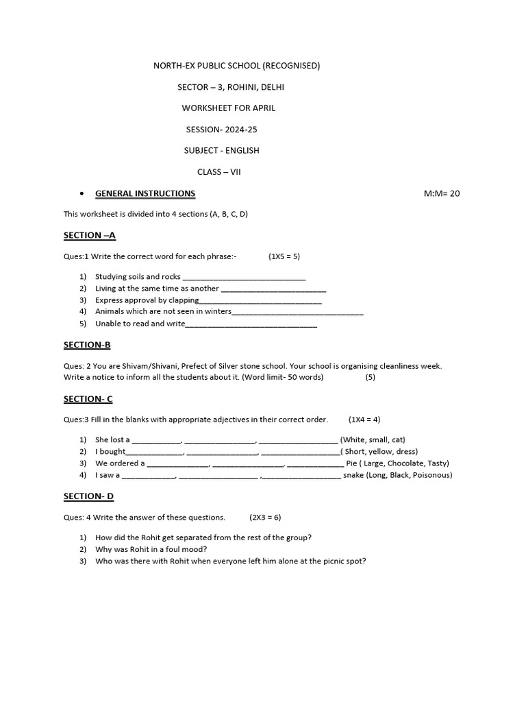 Worksheet 7th Class English | PDF