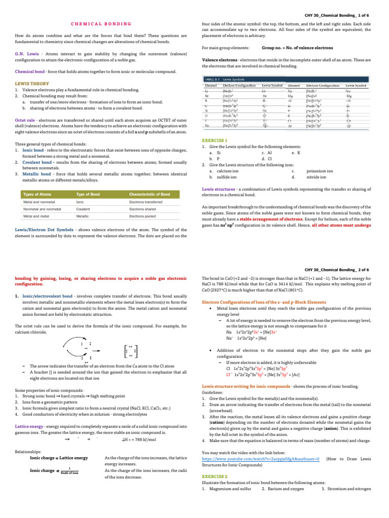CHY 30 CHEMICAL BONDING I | PDF | Ionic Bonding | Chemical Bond