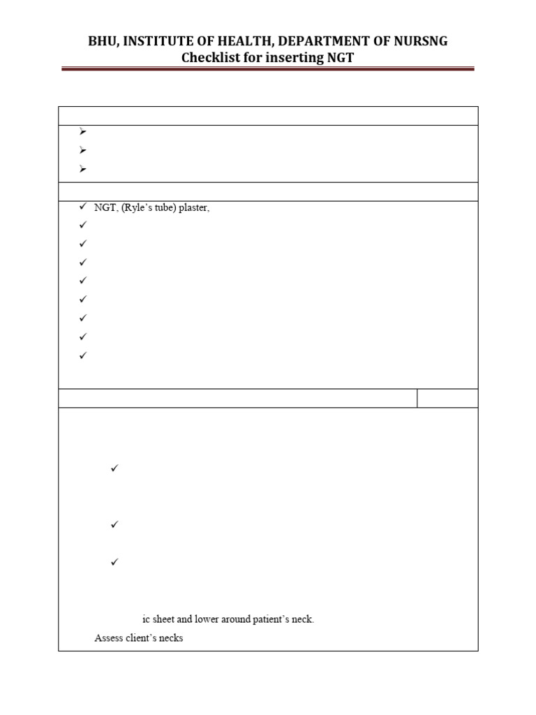 checklist for NGT INSERTION | PDF