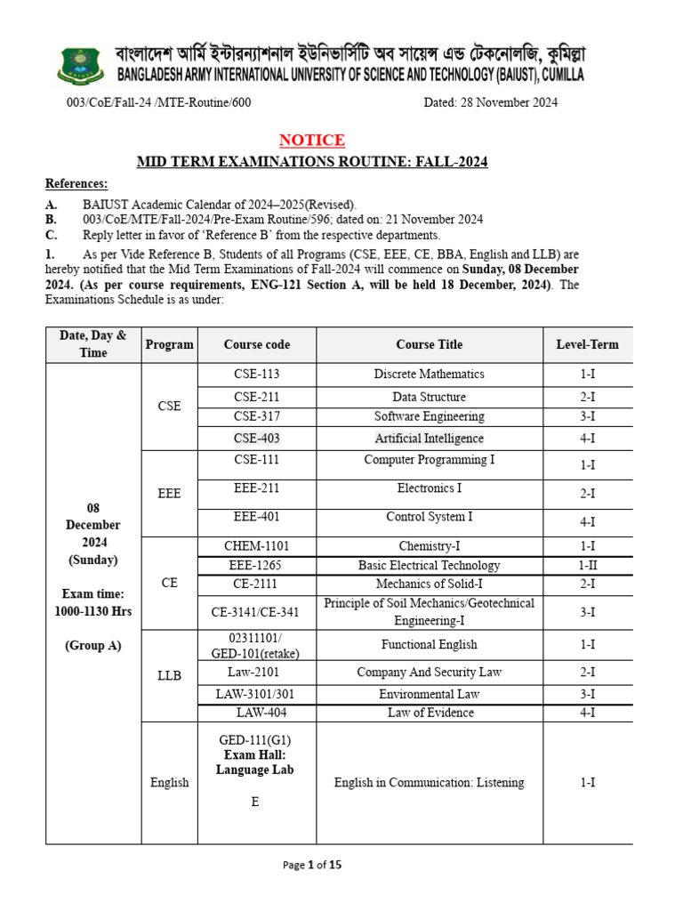 Fall 2024 Midterm Exam Schedule | PDF | Electrical Engineering | Engineering