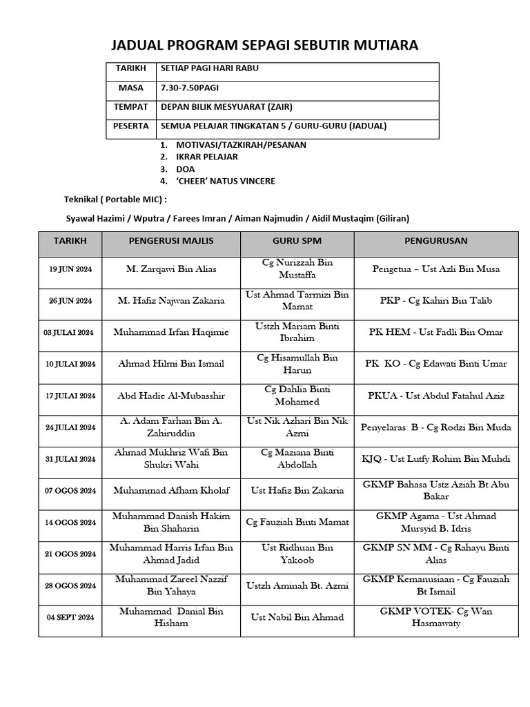 JADUAL PROGRAM SEPAGI SEBUTIR MUTIARA | PDF