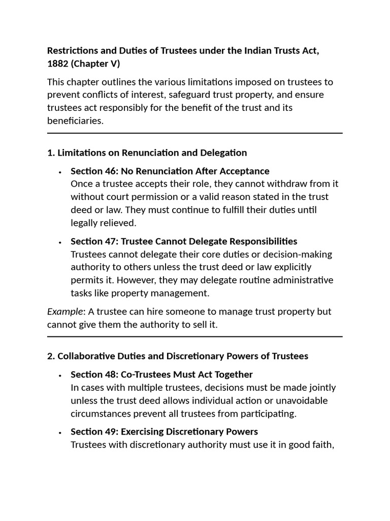 Restrictions and Duties of Trustees Under The Indian Trusts Act | PDF | Trustee | Interest