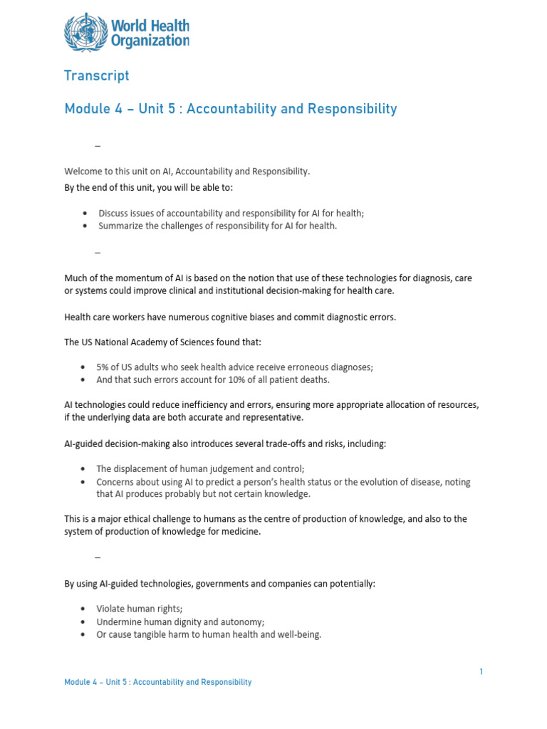 WHO_EthicsAI_Transcript_Module4_Unit5_en_v0.1 | PDF | Artificial Intelligence | Intelligence (AI ...