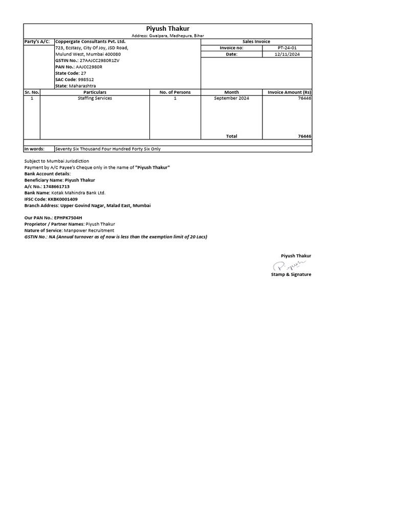 CCPL Invoice Format - Without GST | PDF